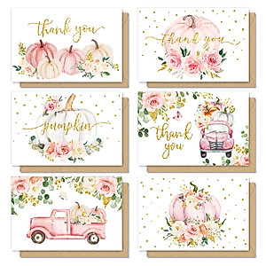 Whaline 36 Pack Fall Gold Foil Thank You Cards Pink Floral Pumpkin Greeting Cards Autumn Blank Note Cards with Stickers Envelopes for Thanksgiving Wedding Bridal Shower