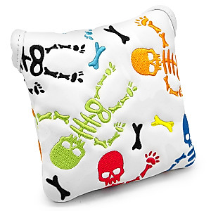 Funny Skeleton Man Golf Square Mallet Putter Cover, Mallet Headcover with Magnetic Closure - 3 Colors Options - Black/Red/White Golf Putter Head Cover (White Base)