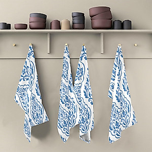 Kigai Blue White Damask Pattern Kitchen Towels, 18 x 28 Inch Super Soft and Absorbent Dish Cloths for Washing Dishes, 4 Pack Reusable Multi-Purpose Microfiber Hand Towels for Kitchen