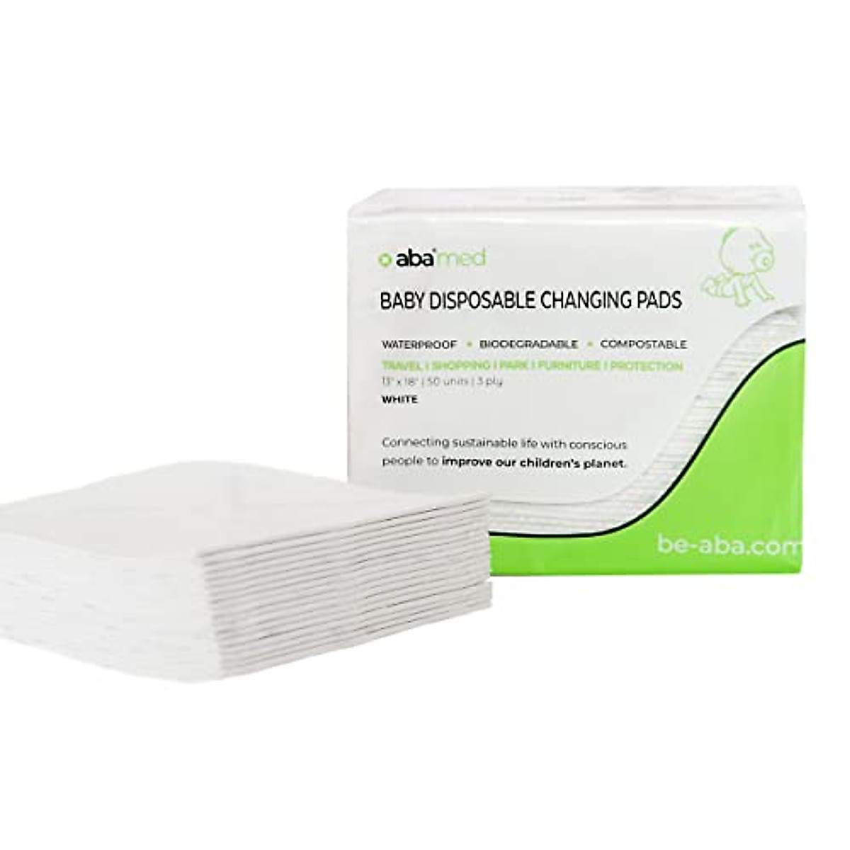 aba 50 Pack Compact Biodegradable Disposable Changing Pads Baby Disposable Underpads Waterproof Table Protector Mat, 18 Inch x 13 Inch