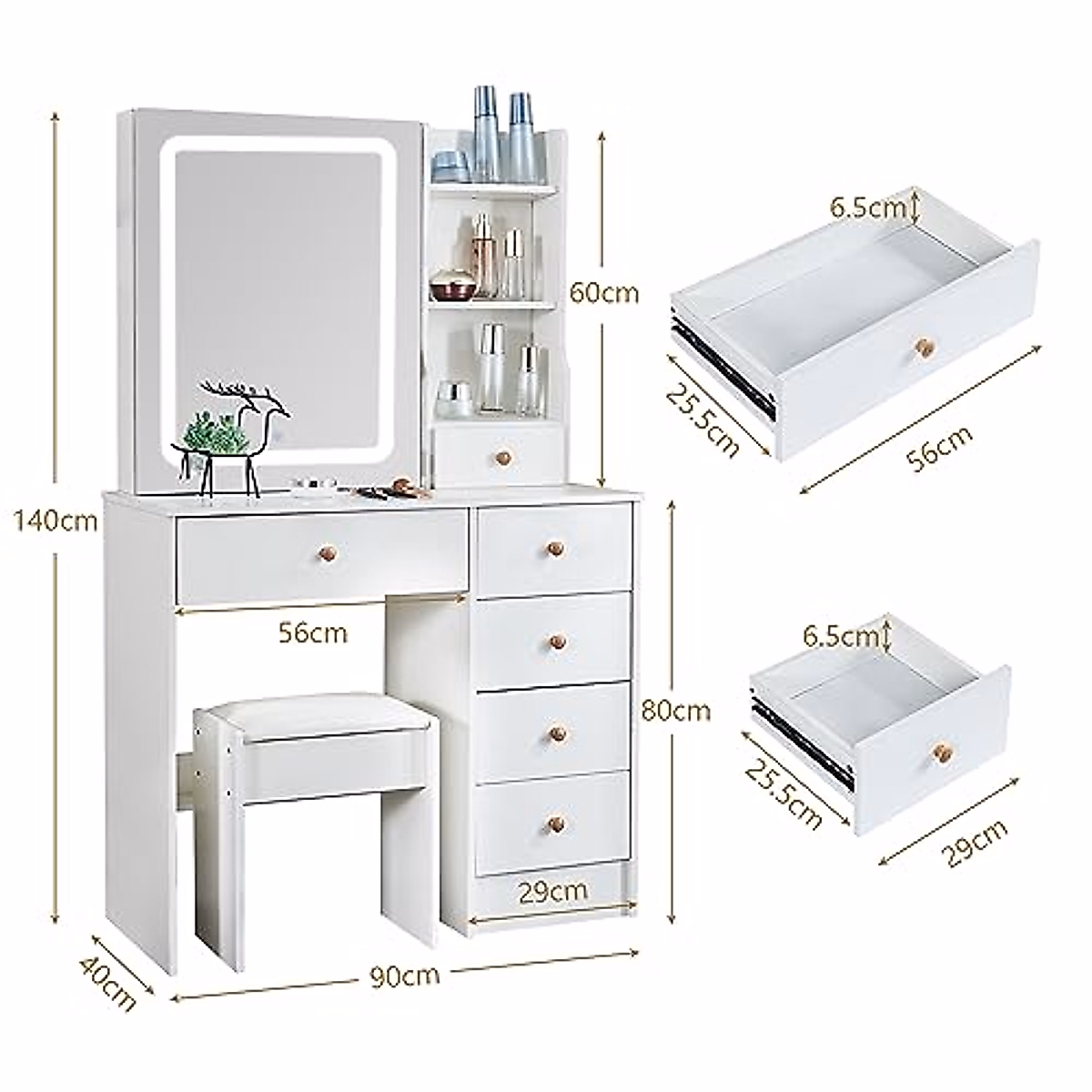 JBLCC Vanity Desk with Mirror and Lights,Makeup Vanity with Sliding Mirror, Makeup Table Set with Storage Shelves, Drawers, Modern Vanity Table for Bedroom (62706led)