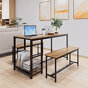 HITHOS 3-Piece Dining Table Set, Rustic Wood Kitchen Dinner Table with Benches for 4, Breakfast Nook Table with Wine Rack and Glass Holder, Rustic Brown