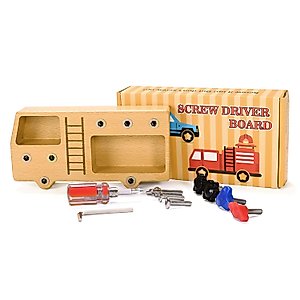 LUEUR Montessori Toys for Toddlers - Screw Driver Board for kids, Basic Skills Educational Learning Sensory Toy, Wooden Fire Truck Montessori Materials for kids over 3 Year Olds, Preschool, Classroom…