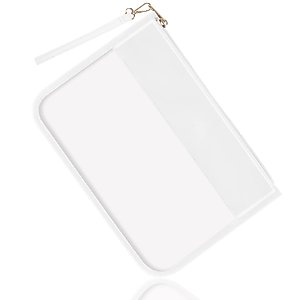 izuzta Clear PVC Flat Pouch, PU Travel Makeup Bag Clear Zipper Pouch with Wristlet, DIY Chenille Letter Bag Waterproof Portable Clear Travel Toiletry Bag Cosmetic Pouch for Women Girls (White)