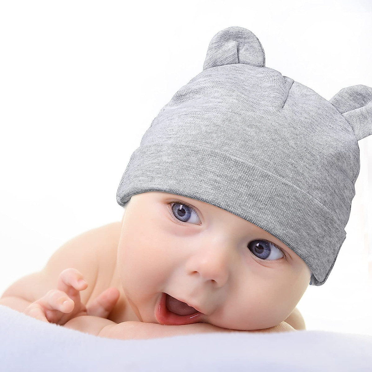 8 Pieces Newborn Baby Hats and Mittens Set, Cute Bear Ears Beanies Infant Beanie Hats No Scratch Baby Mittens Unisex Infant Mitten Gloves for 0-6 Months Baby Boys Girls