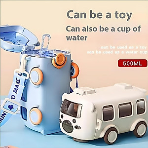 Portable Water Cup in Bus Shape with Strap, 16.9Oz Leak Proof Bus Shaped Water Cup Bottle, Portable Cute Bounce Flip Top Straw Drinking Bottle, Detachable Fun Cars Jug Toy for Camping (blue)