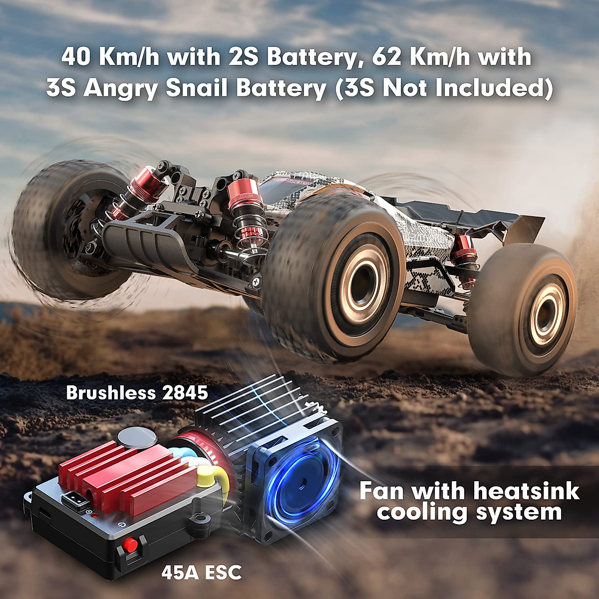 HYPER GO H16PL 1/16 RTR Brushless RC Buggy, Fast RC Cars for Adults, Max 38 mph Racing High Speed RC Car (2 x 2S Batteries and 1 x 3S Lipo Battery included, 3S charging cable included)