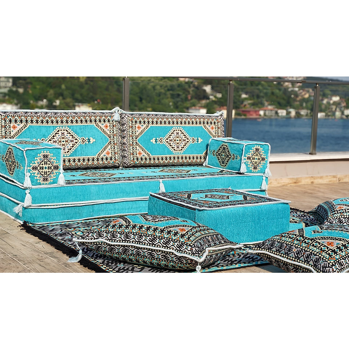 Turquoise Turkish Floor Sofas, 8" Thickness Floor Couch, Reading Sofa Pillow, Window Seat, Bench cushion, Meditation Yoga Loveseat, Healing Room Floor Cushion, Sofa Covers (Sofa Full Set)