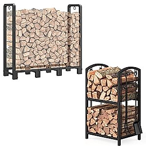Mr IRONSTONE 4ft Firewood Rack & Firewood Rack with Fireplace Tools set for Patio Deck Metal Log Holder Stand Tubular Steel Wood Stacker Outdoor Tool