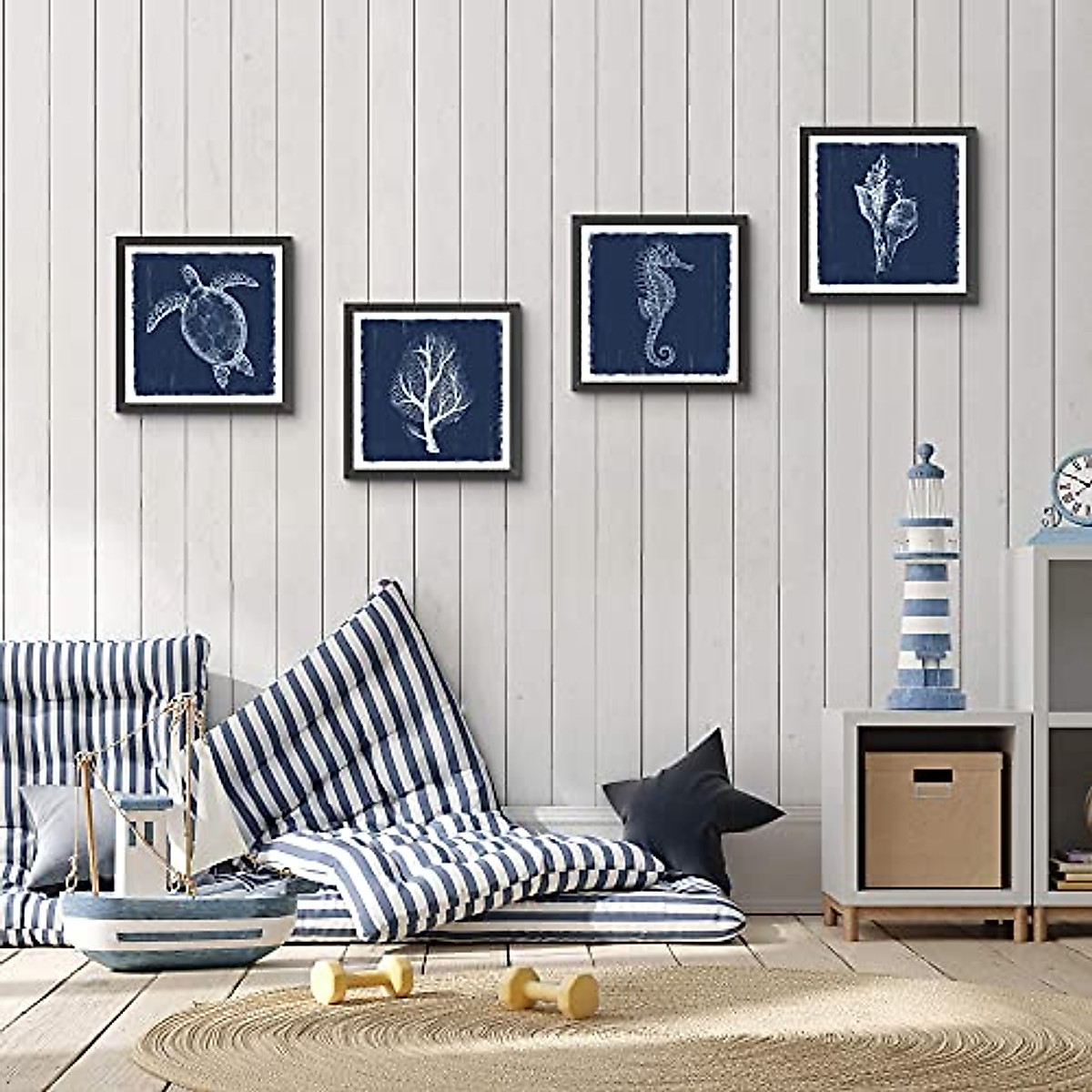 Sea life Art Framed Artwork: Coastal Pictures Ocean Theme Square Collection Set of 4 Wall Decor Set Prints for Bedroom (Multi-Style)