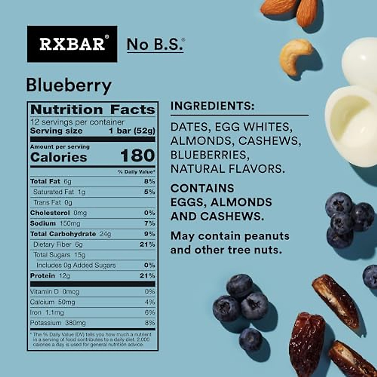 RXBAR Protein Bars, Protein Snack, Snack Bars, Blueberry, 22Oz Box (12 Bars)