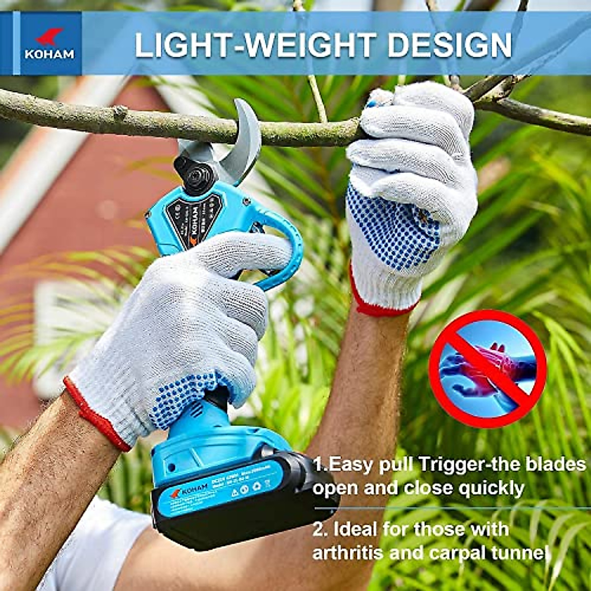 KOHAM Professional Cordless Electric Pruning Shears with 2pcs Backup Rechargeable Battery & Extra 1pcs Safety Charger