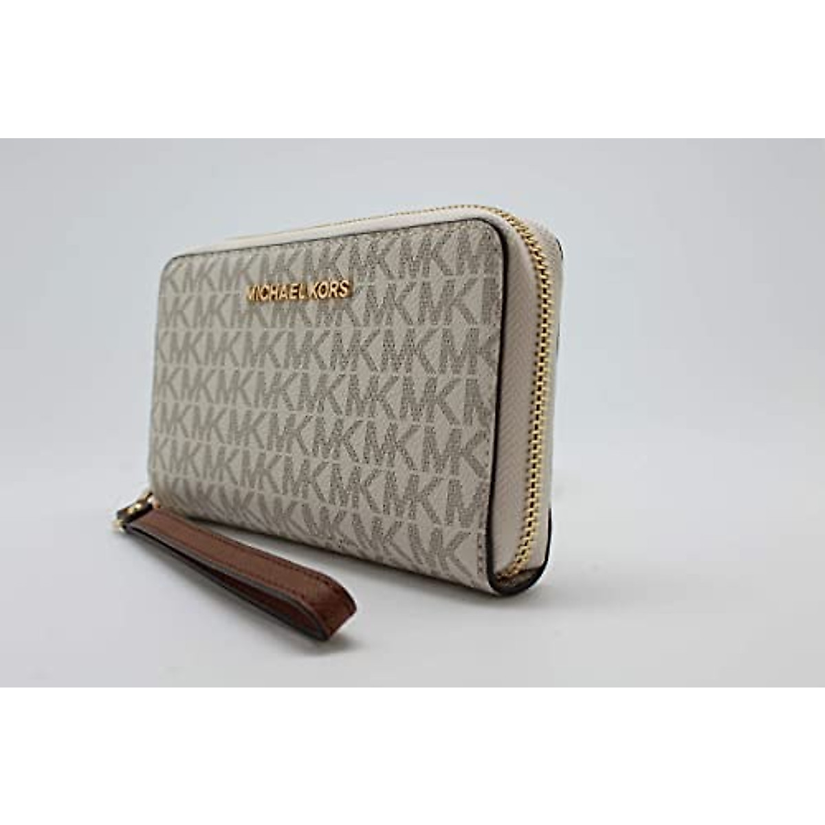 Michael Kors Jet Set Travel Large Flat Multifunction Phone Case Wristlet (Vanilla/Dark Acorn)