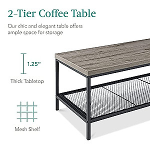 Best Choice Products 44in Modern Coffee Table, Large 2-Tier Industrial Rectangular Wood Grain Top Coffee Table, Accent Furniture for Living Room w/Mesh Shelf, Metal Frame - Gray