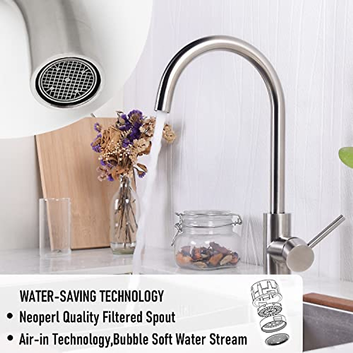 Trywell Single Hole Kitchen Faucet Prep Bar Sink Tap One Handle Lever Brushed Solid Stainless Steel 360 Rotating Gooseneck Cold Hot Mixer Water