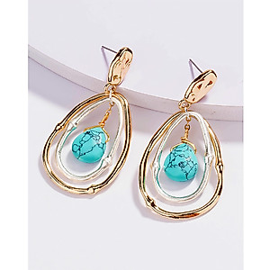 Turquoise Gold Hoop Earrings for Women,Turquoise Large Oval Drop Dangle Western Stylish Silver Earrings Jewelry