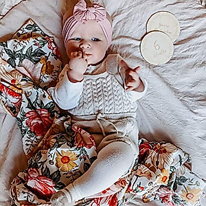 Bamboo Cotton Muslin Floral Swaddle Blankets Girl with Headband| Hospital Newborn Baby Receiving Blanket| Silky Soft Large 47’’X47’’| Newborn Baby Nursery Swaddle Wrap |Birth Announcement Card