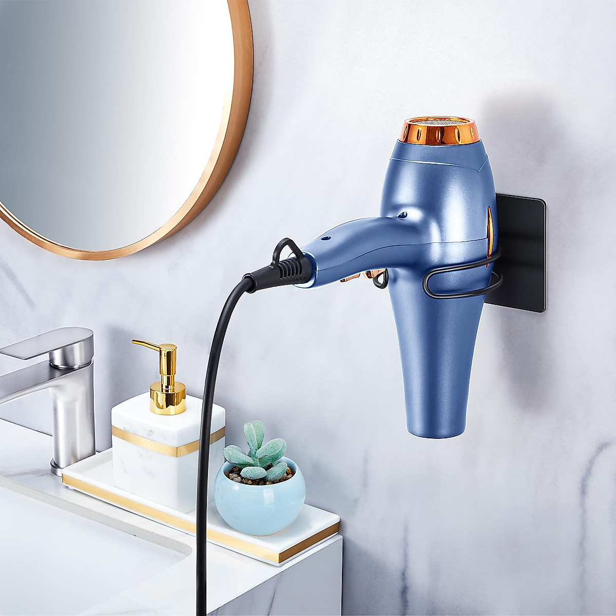 Hair Dryer Holder Wall Mounted, Hairdryer Holder for Bathroom, Blow Dryer Holder Black, Stainless Steel Hair Tool Organizer for Hair Dryer Hanger, Adhesive Hair Dryer Storage, Blow Dryer Organizer