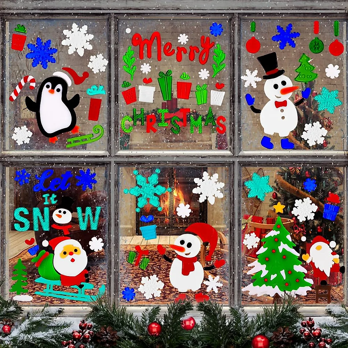 XIMISHOP 6pcs Christmas Gel Window Clings,Xmas Santa Claus Snowman Snowflake Penguin Window Clings Sticker for Christmas Window Decors