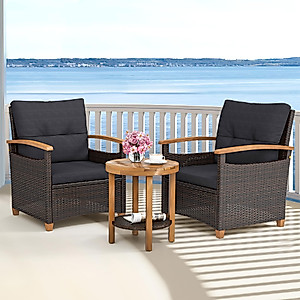 YITAHOME Wooden Armrest 3-Piece Patio Bistro Set, Wicker Bistro Set with Soft Cushions Comfort for Backyard, Balcony and Deck, Wooden Armrest and Side Table, Brown+Charcoal Gray