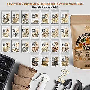 25 Summer Vegetable & Fruit Seeds Variety Pack for Planting Outdoors and Indoor Home Gardening 1500+ Non-GMO Heirloom Veggie & Salad Green Seeds: Collards Tomato Pepper Okra Onion Bean Cucumber & More