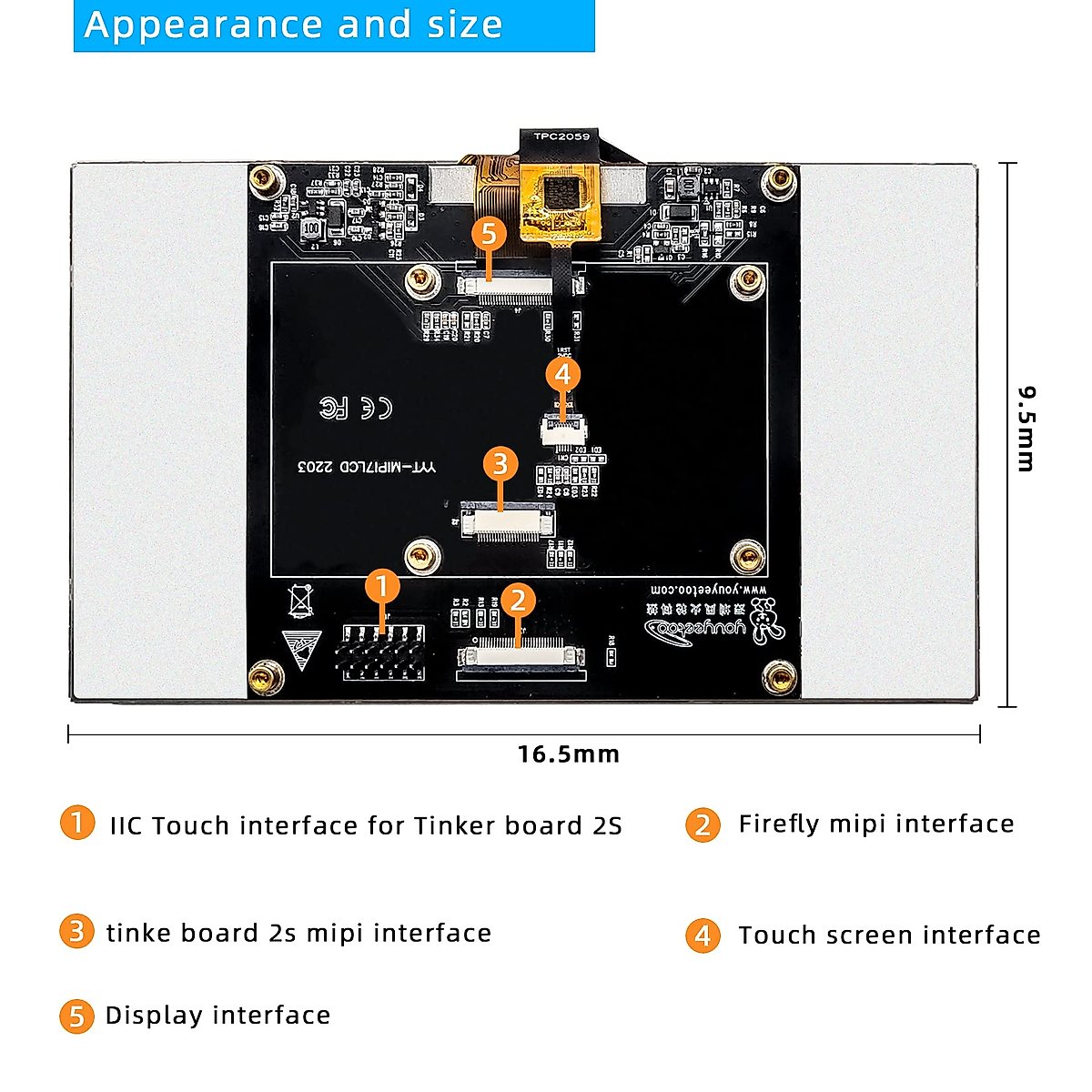 youyeetoo 7inch MIPI LCD Touch Screen 1024x600 5 Point Capacitive 75Hz Support Tinker Board 2S, Firefly ITX-RK3568J/ROC-RK3568-PC/ROC-RK3588S-PC/ITX-3588J