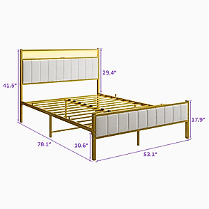 Full Size Bed Frame with Headboard & LED Lights,Upholstered Platform Bed Frame Full Size with Charging Station,Heavy Duty Velvet Bed Frame,No Box Spring Need,Noise Free,Easy Assembly,White