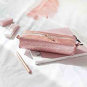 Comfyable Small Cosmetic Bag for Rectangular Makeup Bag Waterproof Glitter Cute Toiletry Pouch Rose Gold Sparkly Shiny Pink