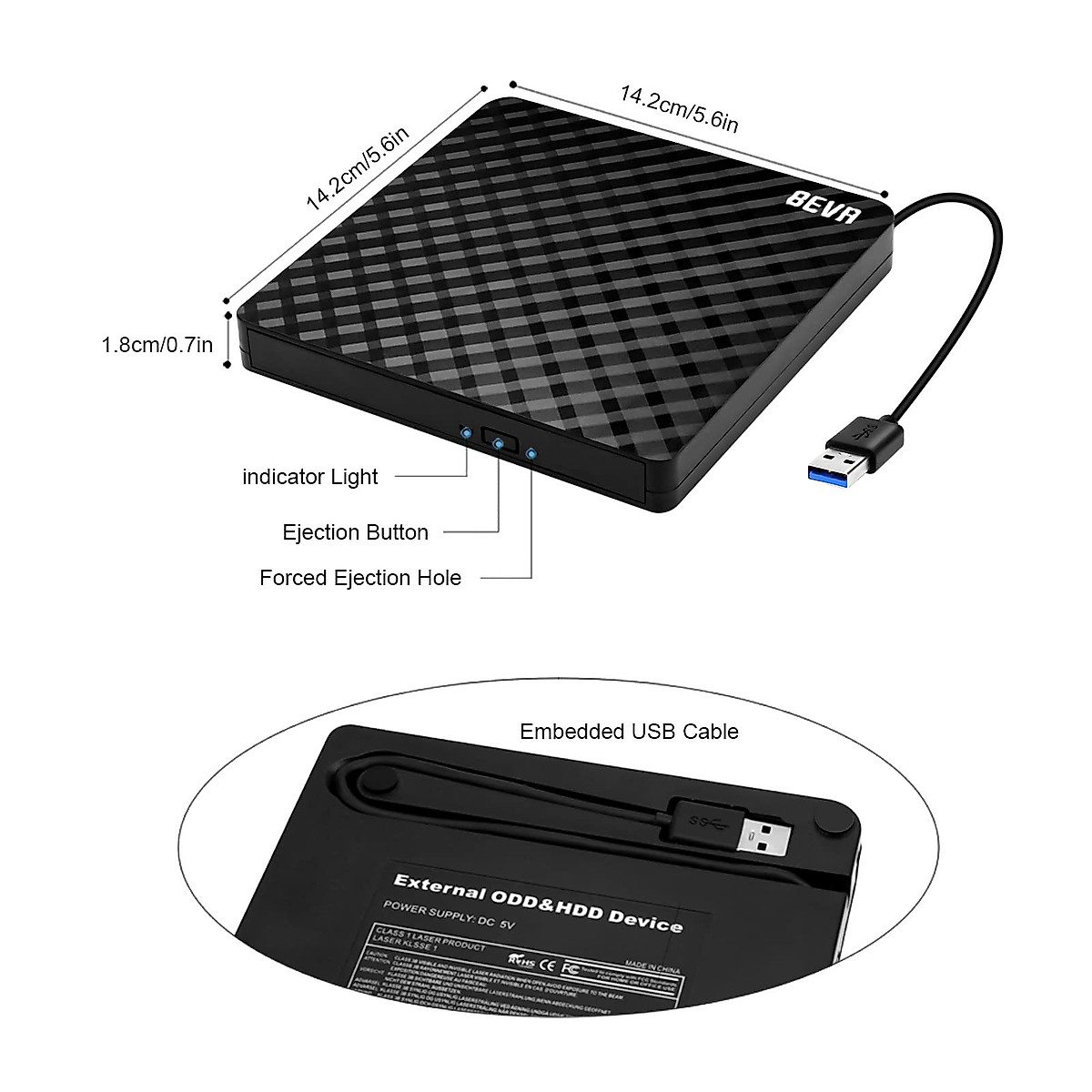 BEVA External CD Drive, USB 3.0 Portable CD DVD Reader DVD Drive External CD DVD Player Burner RW Writer, Copier for Laptop, Desktop, Mac, Support Windows 7/8/ 10/ XP/Mac OS