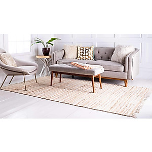 Unique Loom Chindi Cotton Collection Soft Hand Woven Natural Fiber Striped Area Rug, 4 ft x 6 ft, Beige/Ivory