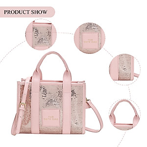 JQAliMOVV The Tote Bag for Women, Shining Leather Tote Bag Trendy Top Handle Crossbody Handbags for Work Travel (A-Pink)