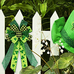 St Patrick's Day Ribbons 2.5" 10 Yards, Black White Plaid Wired Edge Burlap Ribbon Green Glitter Shamrock Wrapping Ribbon for St Patrick's Day Birthday Party Wrapping DIY Craft Decoration Wreaths Bow