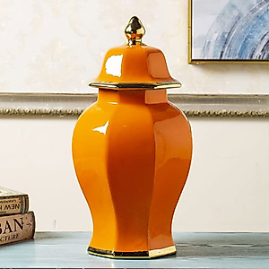 Handmade Orange Hexagon Ginger Jar Vase Ornament, Home & Living Room Decorative Jar, Gold-Plated Ceramic Temple Jar (Size : Small)