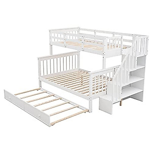BIADNBZ Stairway Twin Over Full Bunk Bed with Trundle,Guardrail for Bedroom/Dorm/Adults, White