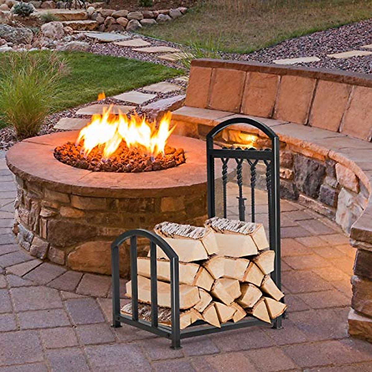 HAPPYGRILL Firewood Log Rack Indoor Outdoor Fireplace Storage Holder with 4 Tools Set