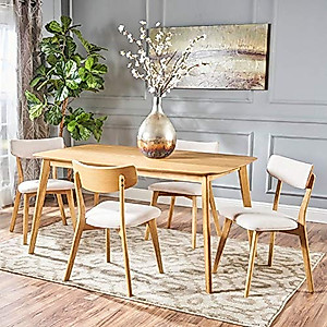 Christopher Knight Home Alma Mid-Century Wood Dining Set with Fabric Chairs, 5-Pcs Set, Natural Oak / Light Beige