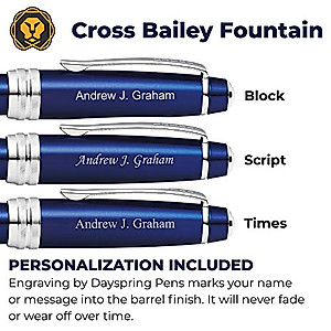Cross Pen | Engraved/Personalized Cross Bailey Blue Lacquer Fountain Gift Pen - Chrome Trim AT0456-12MS. Custom Engraving Included.