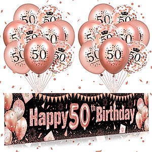 50th Birthday Decorations for Women Rose Gold and Black 50th Birthday Yard Banner and 18 PCS 50th Birthday Balloons for 50th Anniversary Birthday Party Party Supplies Indoor Outdoor Yard Decor