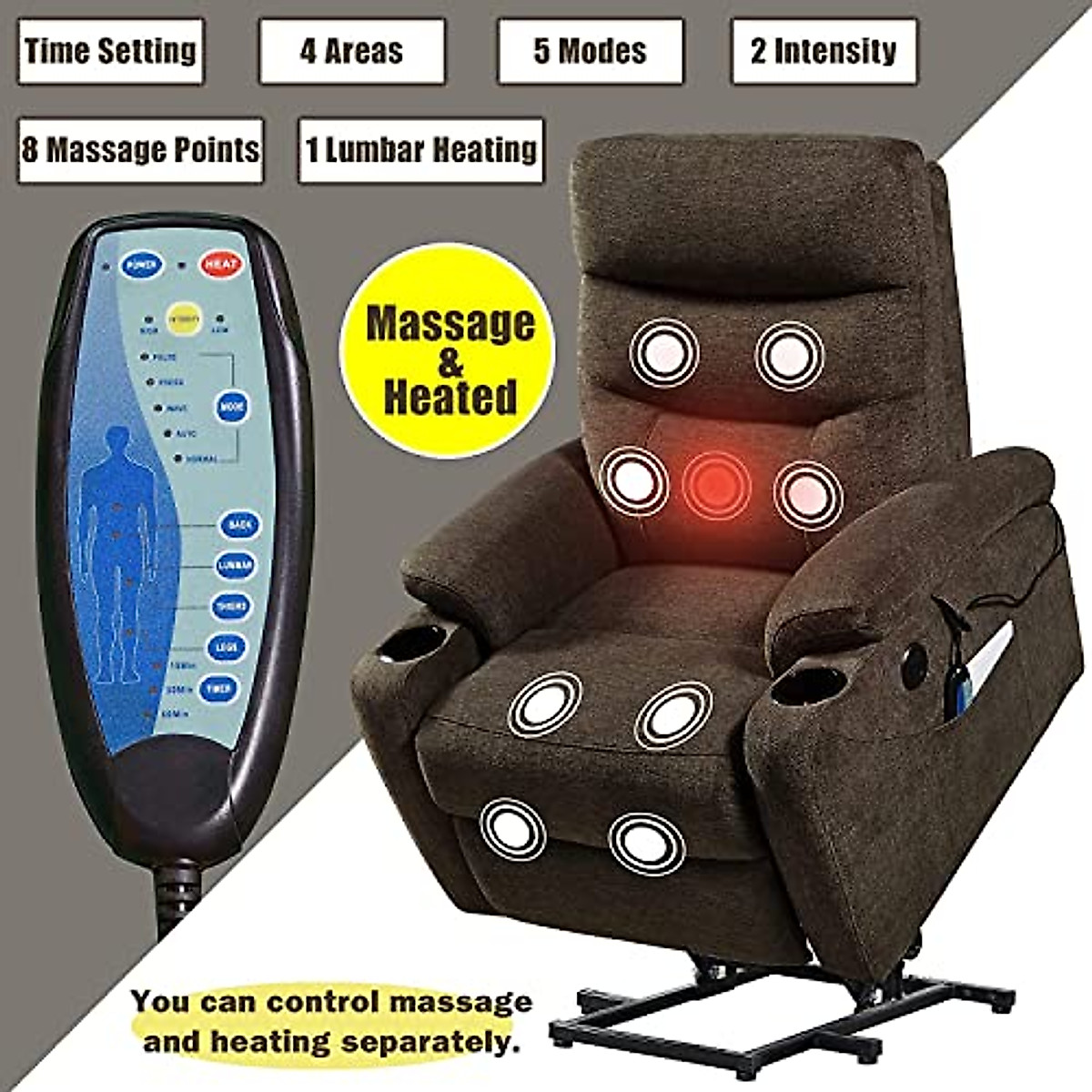 THIHOME Electric Power Lift Recliner Chair Sofa with Massage and Heat for Elderly, 3 Positions, 2 Side Pockets and Cup Holders, USB Ports, High-end Quality Fabric for Home Living Room Bedroom, Brown