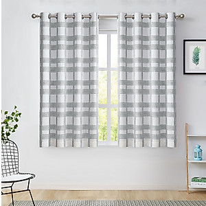 Central Park White Grey Plaid Blackout Window Curtain Linen Buffalo Check Geometric Panel 84" Long for Bedroom Living Room Grommets Top Rustic Farmhouse Room Darkening Thermal Insulated Drape, 1 Pc