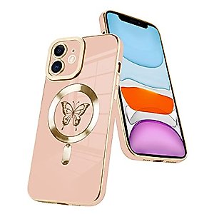 Fiyart Magnetic Case for iPhone 11 Compatible with MagSafe Wireless Charging,Cute Butterfly Phone Case with Camera Lens Screen Protector for Women Girls Men for iPhone 11 6.1"- Pink