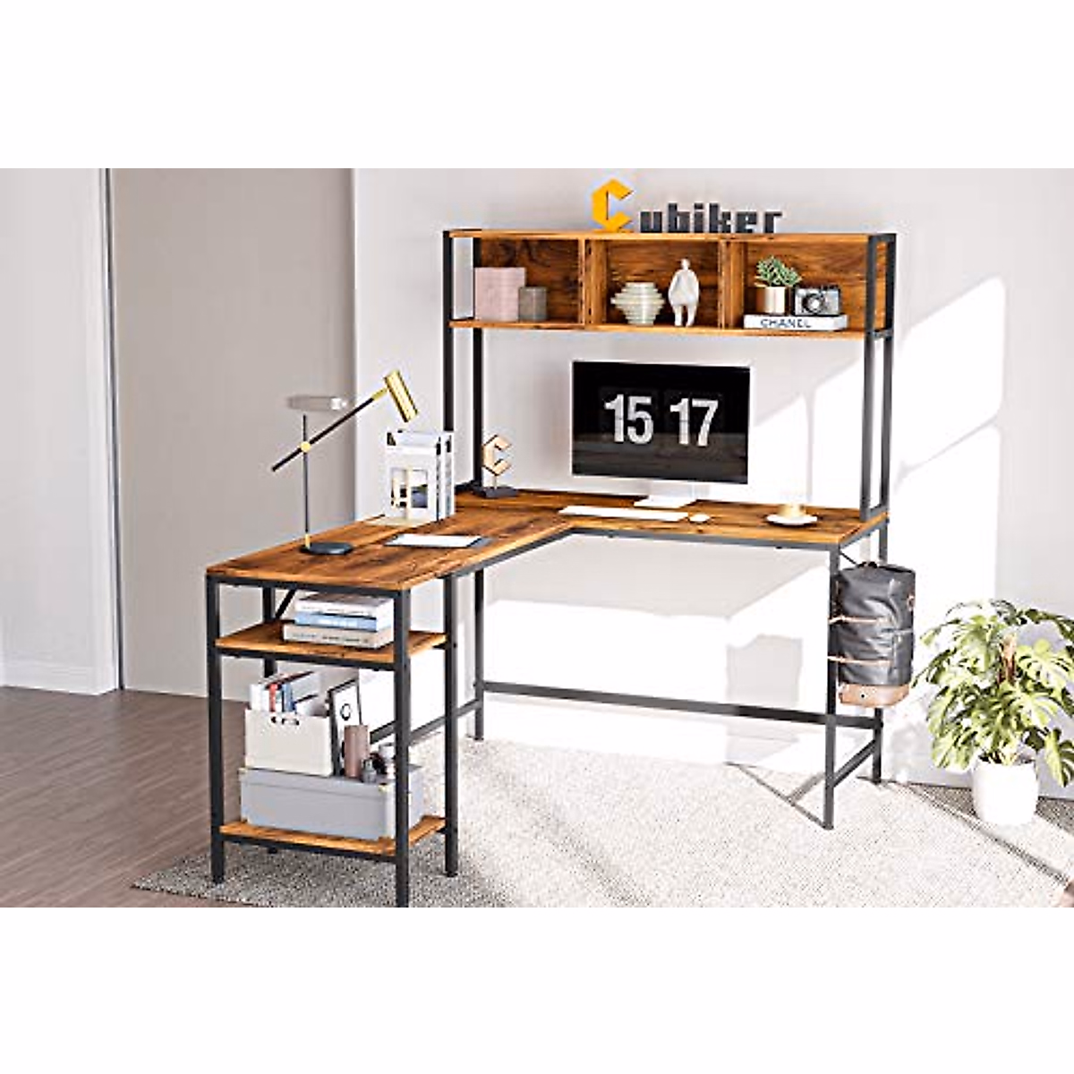 Cubiker L-Shaped Desk with Hutch, 60" Corner Computer Desk, Home Office Gaming Table with Storage Shelves, Space-Saving, Dark Rustic