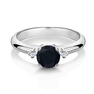 Gem Stone King 925 Sterling Silver Black Onyx and White Created Sapphire Women 3-Stone Engagement Ring (0.83 Ct Round, Gemstone Birthstone, Available in size 5, 6, 7, 8, 9)