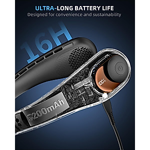 JIAGE Neck Fan, Portable Neck Fan Rechargeable, 5200mAh Battery Operated, LED Display, 360-Degree Cooling, 3 Speeds, Quite, Bladeless Design Neck Fans, Personal Neck Cooler, Black