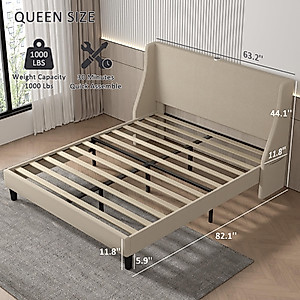 VECELO Queen Bed Frame with Upholstered Wingback Headboard, Heavy-Duty Platform Bedframe with Charging Station & Side Pockets, No Box Spring Needed, Light Beige