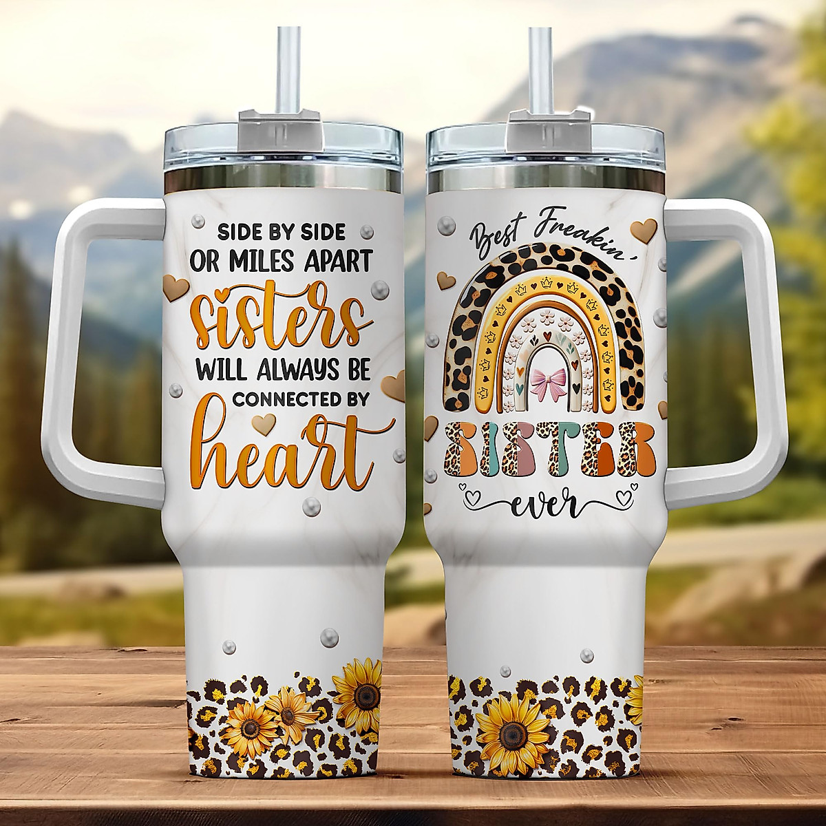 99OWL Sister Rainbow Sunflower Leopard, Tumbler 40 Oz With Handle Lid And Straw, Sister Gifts, Print Funny Tumblers Black Women From Sisters Cups Handle For Heart Little Coffee