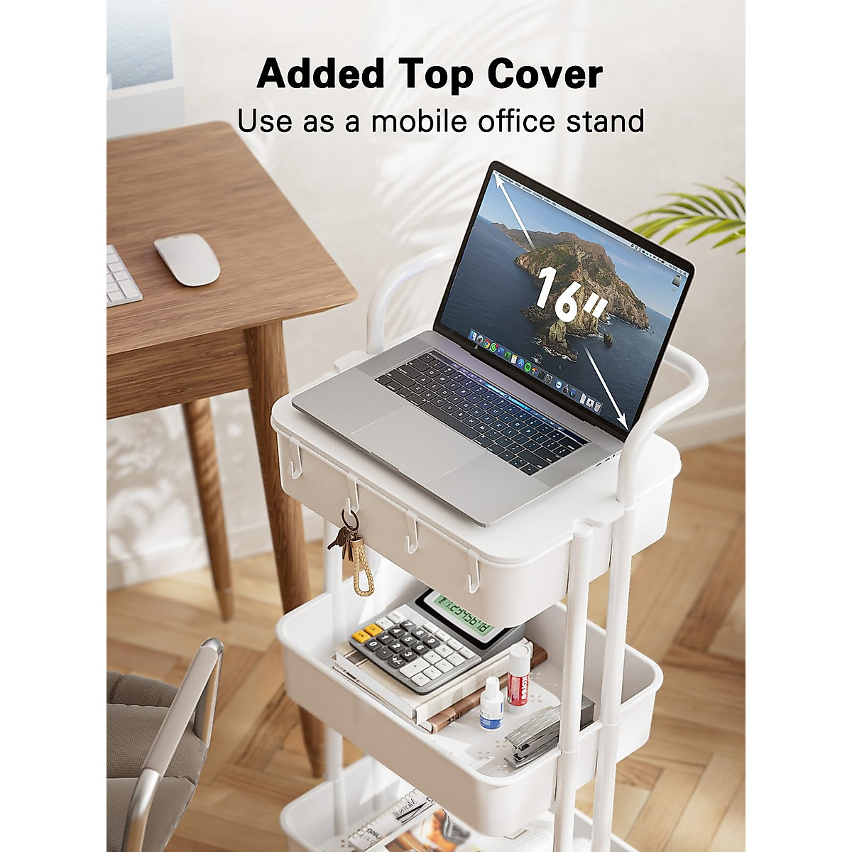 Pipishell 3 Tier Rolling Cart with Table Top, Utility Cart with Wheels & 4 Hooks, Rolling Storage Cart for Home Storage and Organization, White, PIUC09W