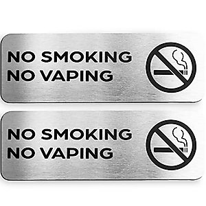 No Smoking No Vaping Sign (Brushed Aluminum 9 in x 3 in) - No Smoking Sign - No Smoking Signs for Business - No Smoking Signs for Home - Airbnb Essentials for Hosts - Airbnb SIgns for Hosts - 2 PACK