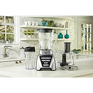 Oster Blender | Pro 1200 with Glass Jar, 24-Ounce Smoothie Cup and Food Processor Attachment, Brushed Nickel - BLSTMB-CBF-000