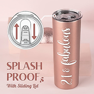 Onebttl 21st Birthday Gifts for Women, Girl, Her - 21 and Fabulous -20oz/590ml Stainless Steel Insulated Tumbler with Straw, Lid, Message Card - (Rose Gold)